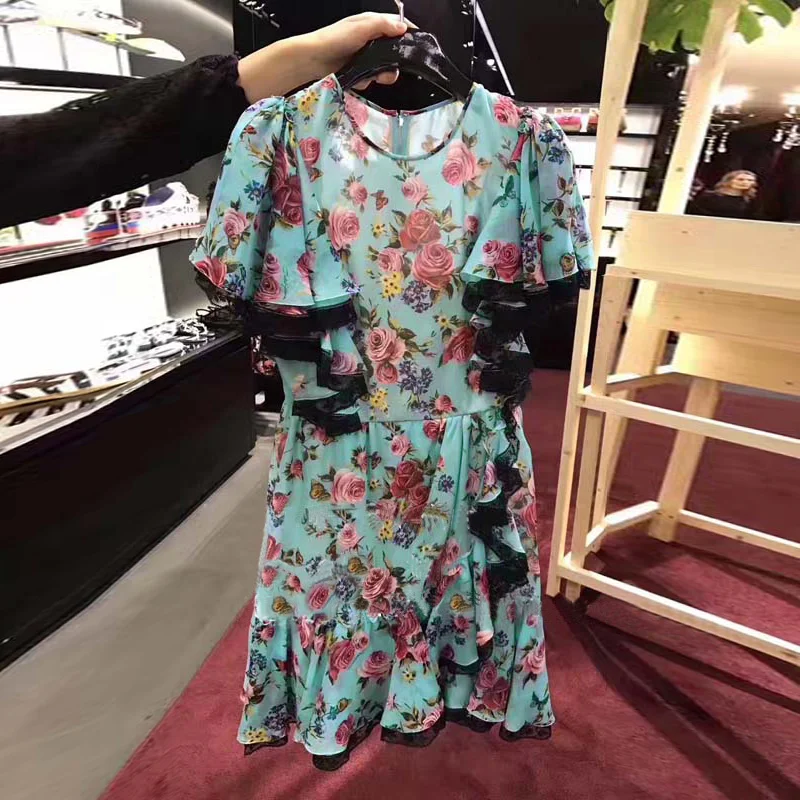 Vintage Green Floral Print Lace Mini Dress Women 2018 Spring Summer