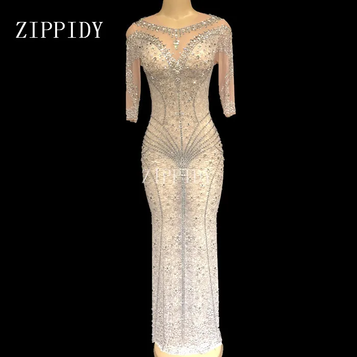 Sparkly Perspective Mesh Dress Sexy Rhinestones See Through Long Dress