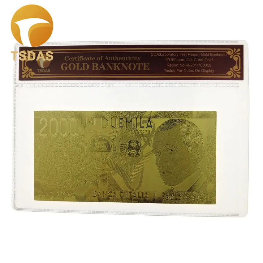 24k Gold Plated Foil Banknote with COA Frame Italy 1000 5000 Lires ...