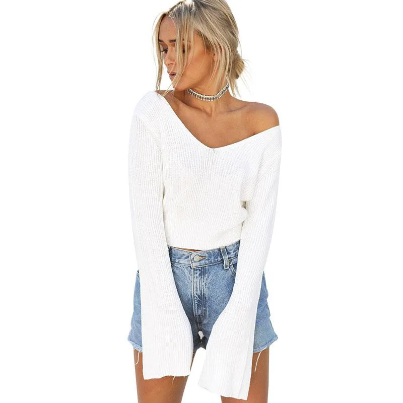 Sexy White short knitted sweater women Autumn winter flare sleeve ...