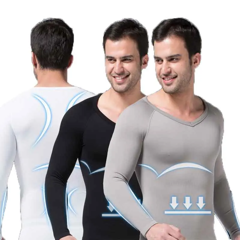 Men's T Shirt Slimming Body Shapers Long Sleeve Posture Correction ...