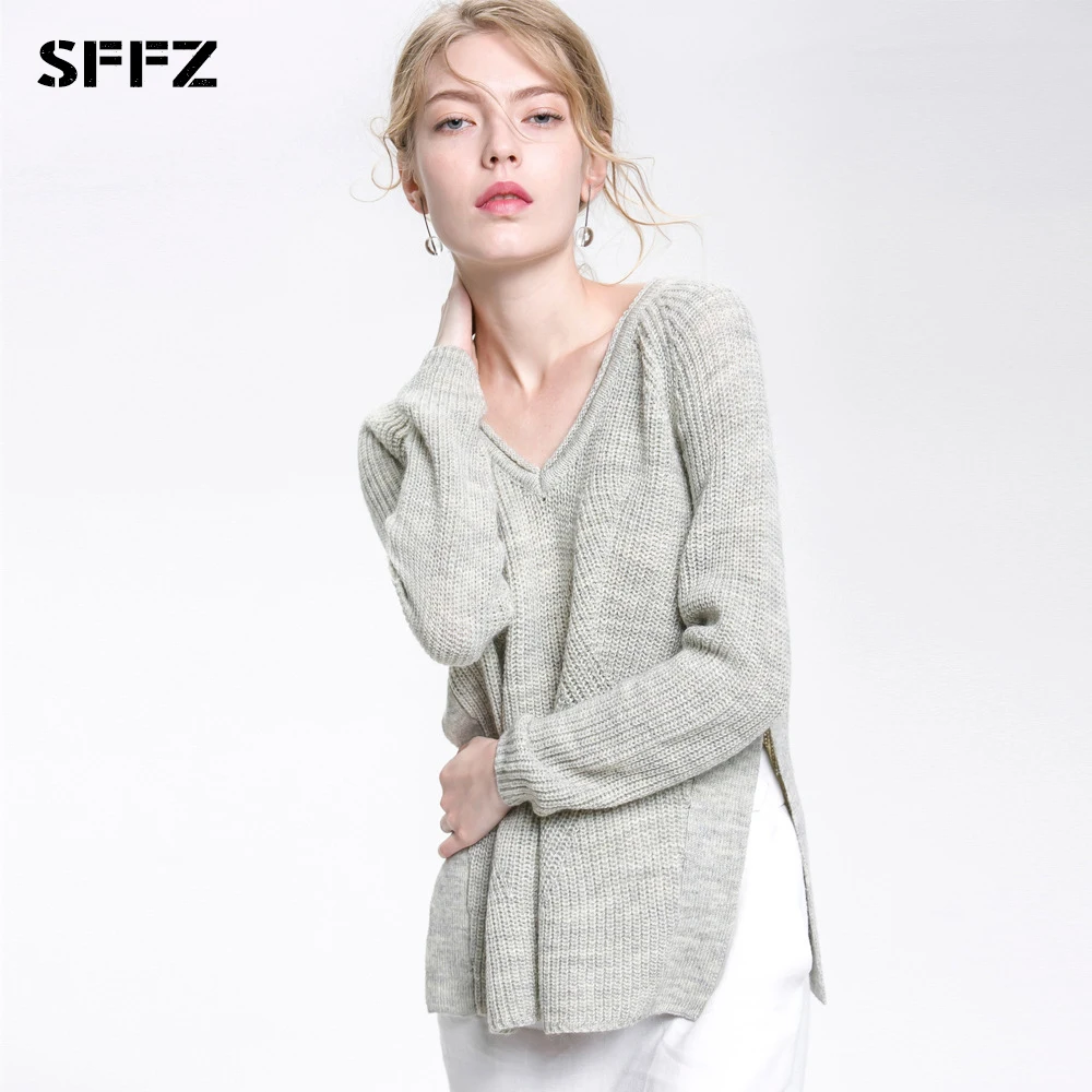 SFFZ Outono Malha Camisola Das Mulheres de Lã de Moda Mistura Dividir ...