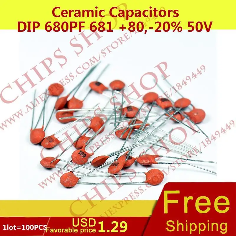 1LOT=100PCS Ceramic Capacitors DIP 680pF 681 +80, 20% 50V 0.68nF ...