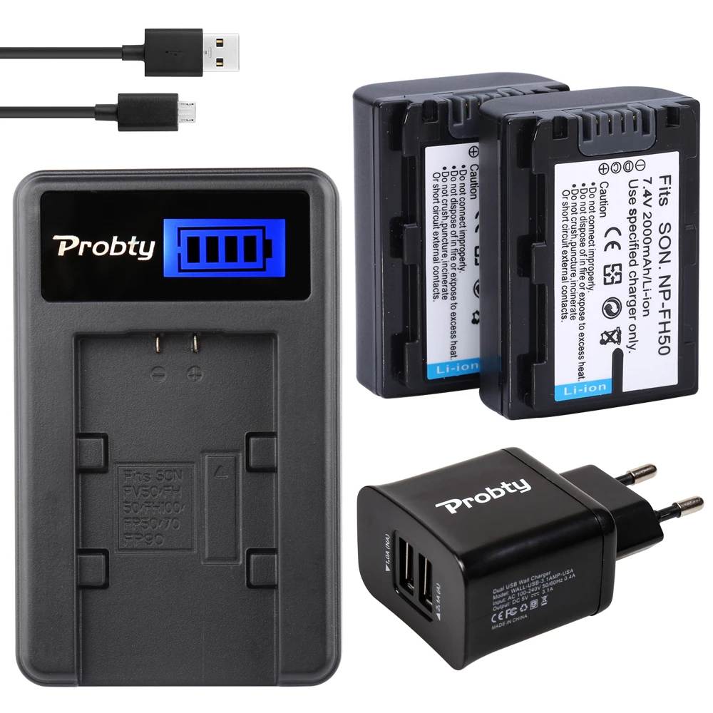 Probty 2pcs Np Fh50 Np Fh60 Battery Lcd Usb Charger For Sony Dslr