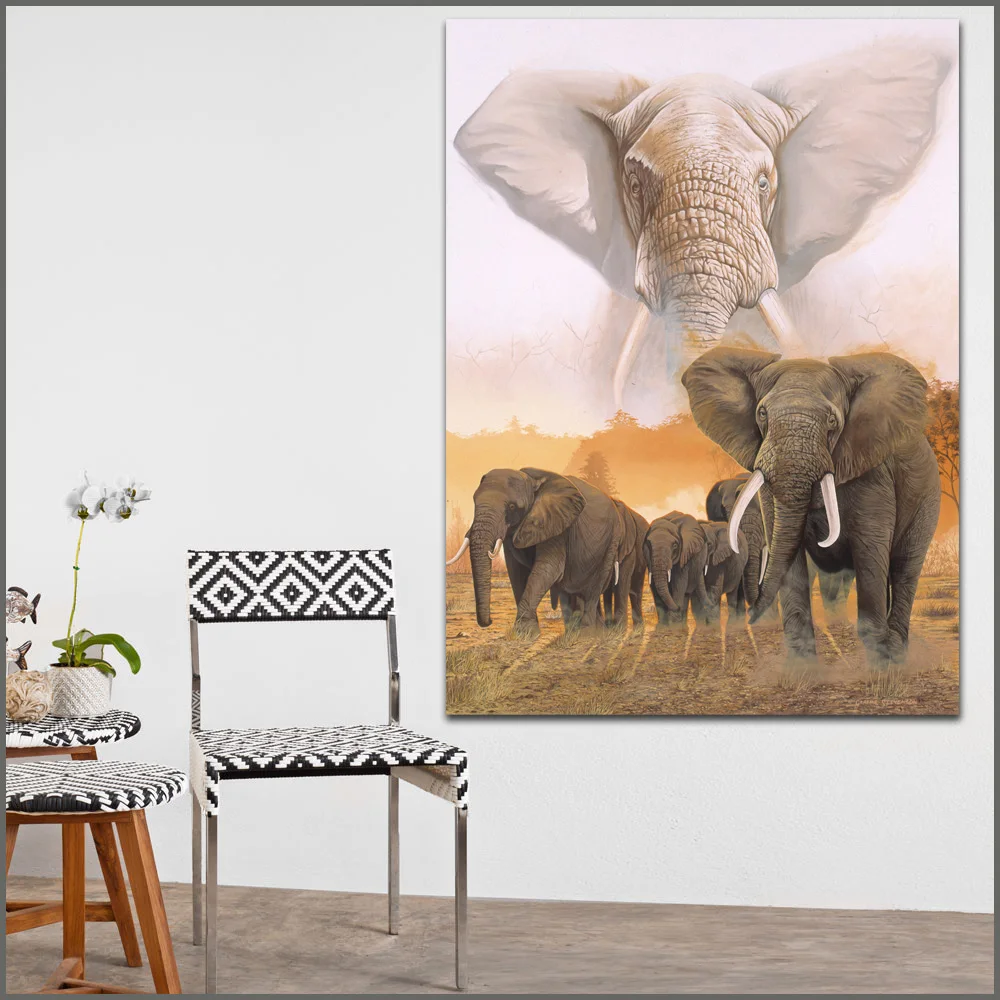 large size Printing Elephant Family Canvas Print Wall art Home Decor ...