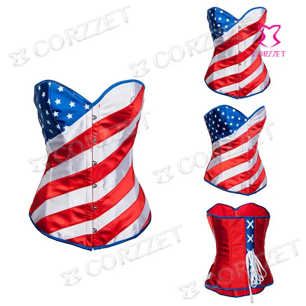 Summer Style Sexy Bustier United States Flag Print Satin Overbust Women