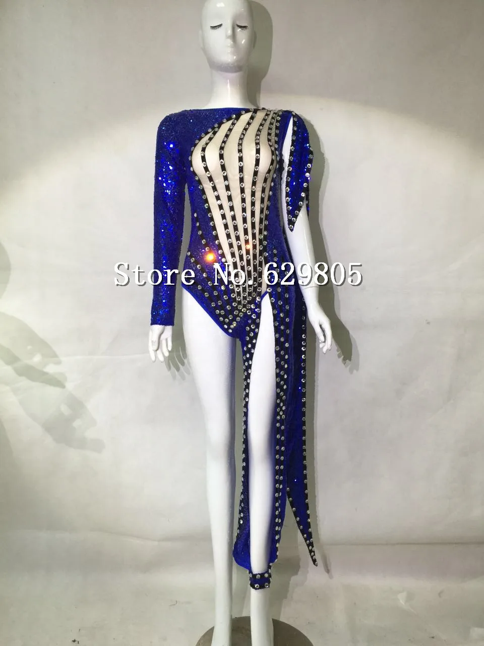 Shining Blue Sequins Outfit Sexy One leg Bead Bodysuit Dance ClubWear ...