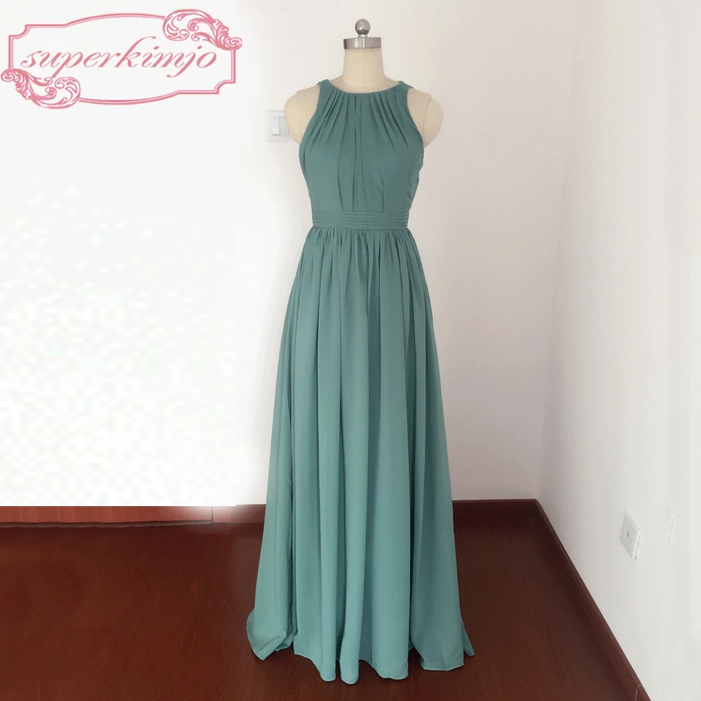 Simple Maid Of Honor Dresses Crew neckline Pleats Chiffon A Line Sage ...