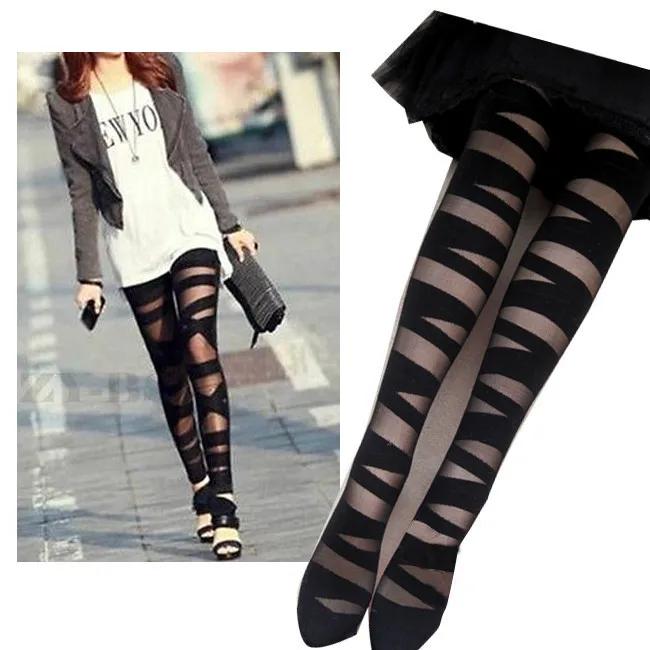 Women Sexy Pant Yhose Black Ripped Stretch Vintage Legging Mock Black