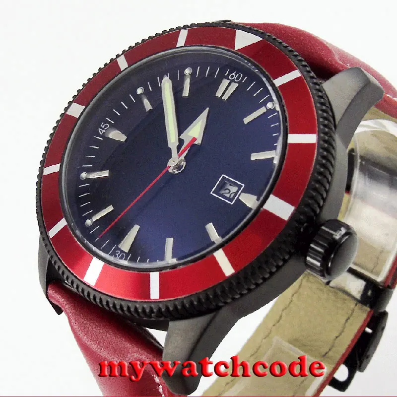 46mm bliger black dial PVD case red bezel insert automatic mens wrist ...