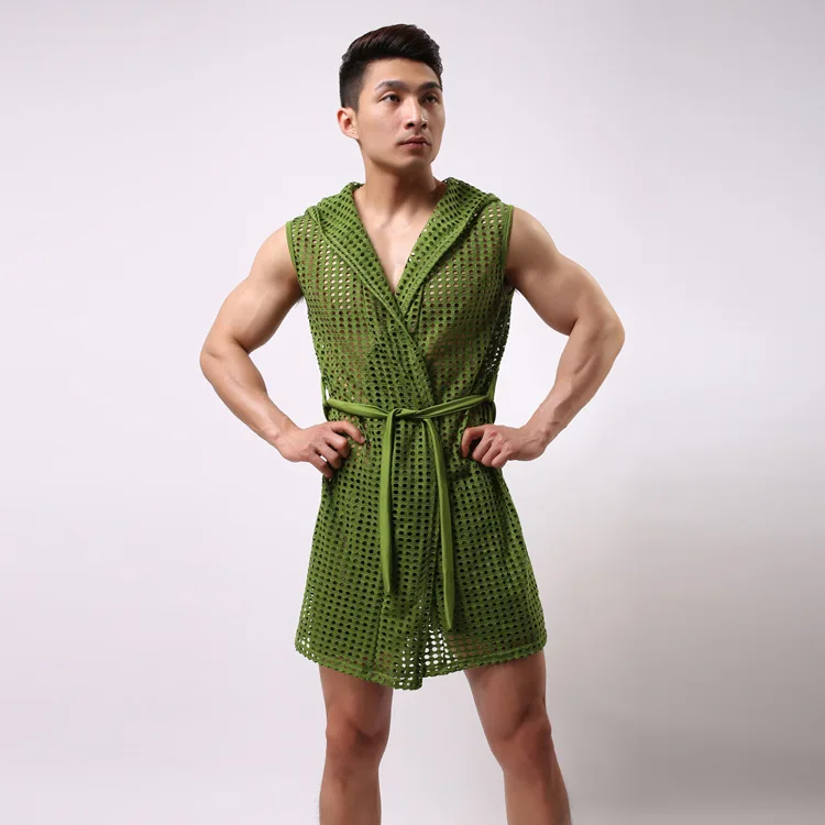 Sexy Robes For Men Summer Elastic Nylon Mesh Robe Men With A Hood Bathrobe Robe Sexy Sleepwear