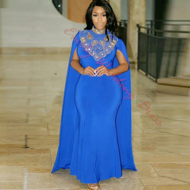 African Long Evening Dress With Cape High Neck Gold Beading Floor