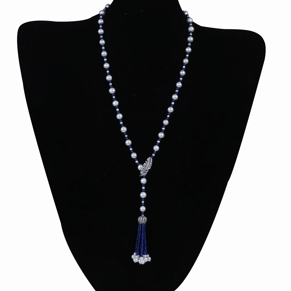 Fancy Freshwater Pearl Necklace With Blue Stone Tassel Necklace For
