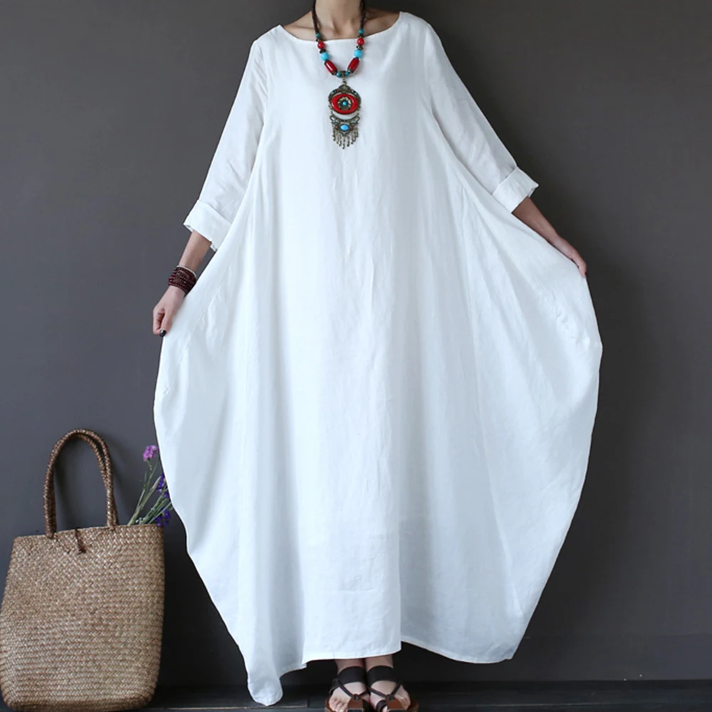 4XL 5XL Cotton Linen Summer Dress Plus Size Boho Loose White Long Maxi