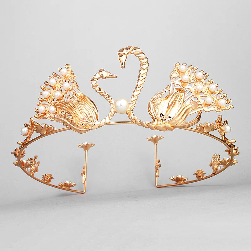 Gold Color Swan Crowns Tiara Flower Girls Headband Pearl Birthday Crown ...