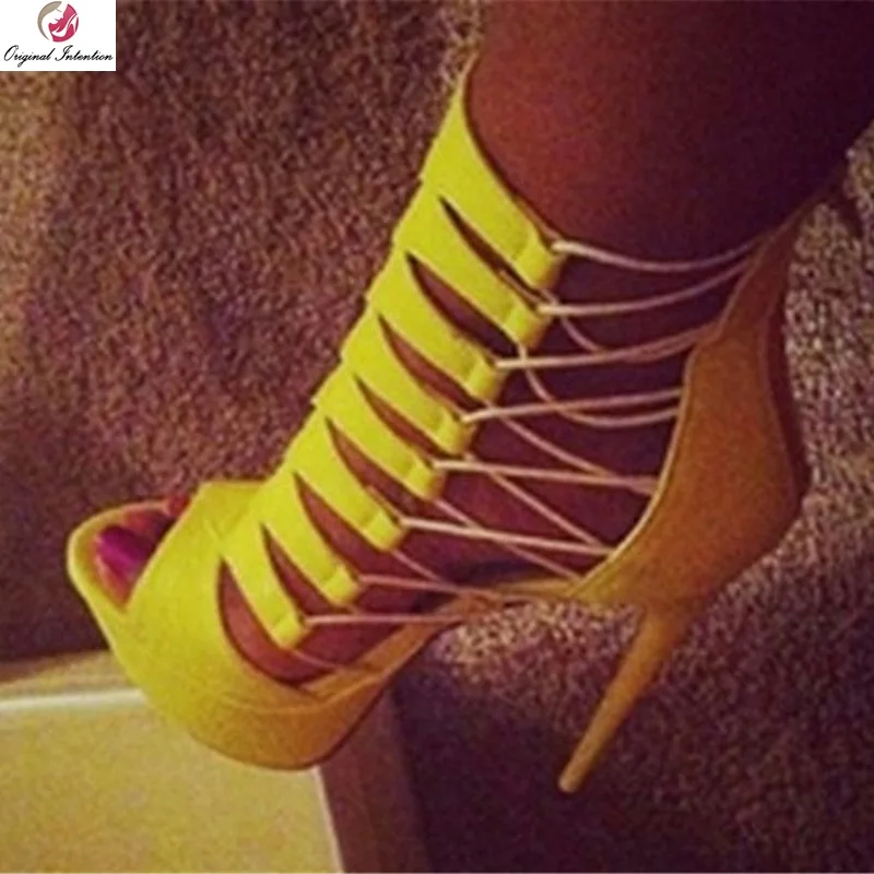 Original Intention Stylish Women Sandals Peep Toe Lace Up Yellow Slim ...