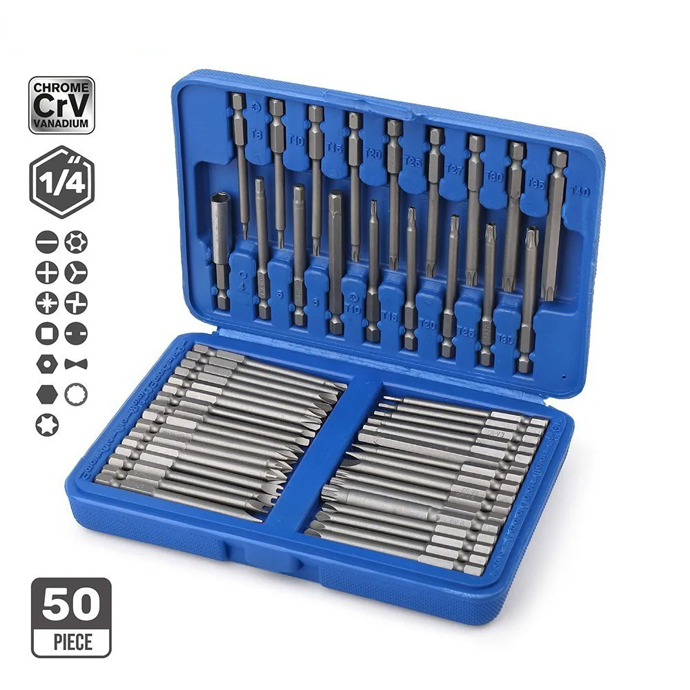 50pc Extra Long Bit Set 75mm Cr V Quick Release Screwdriver Bit Holder Security Bit Set Torx Hex