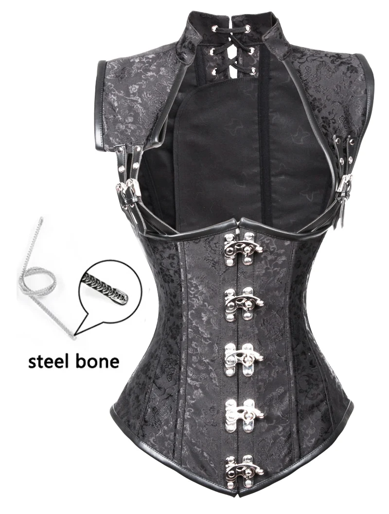 Black Brocade Collared Top Sexy Cupless Waist Trainer Vest Corset