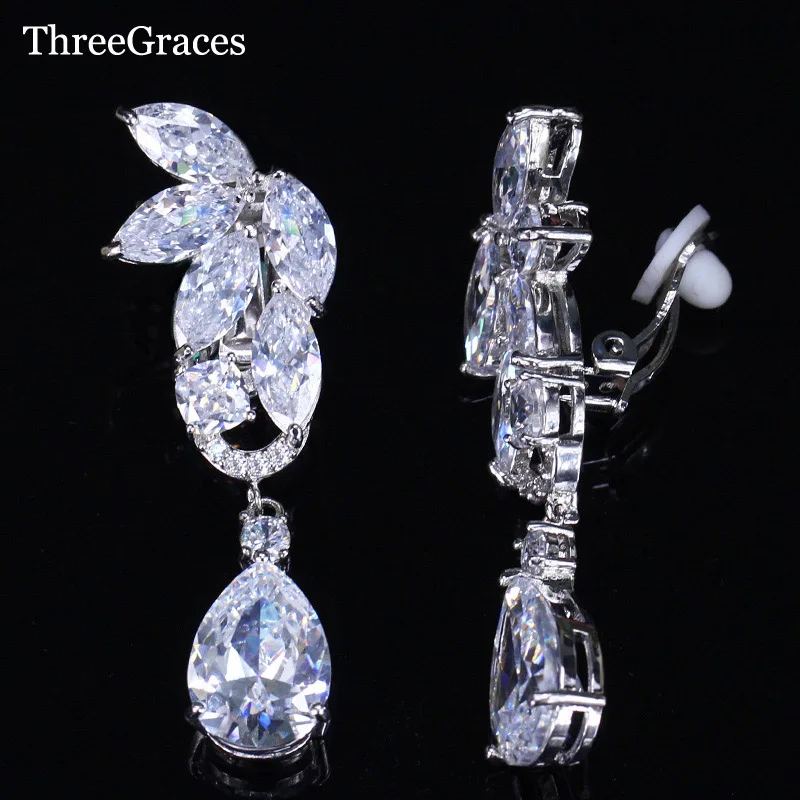 Threegraces Luxury Long Waterdrop Earrings Silver Color Cubic Zirconia