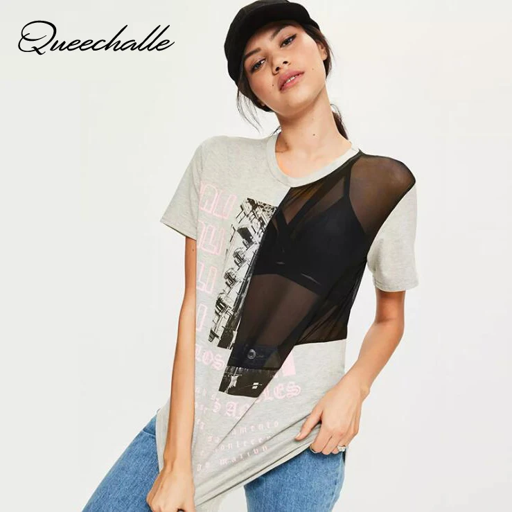 2021 Summer European style t shirts for women transparent mesh ...