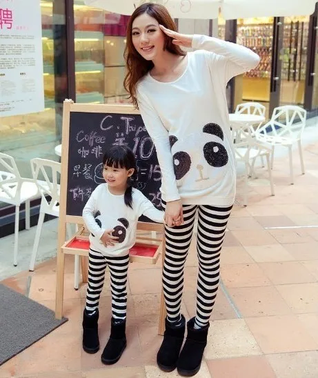 Autumn Spring 100% Cotton Outfit Parent child Outfit Cute Panda Bead ...
