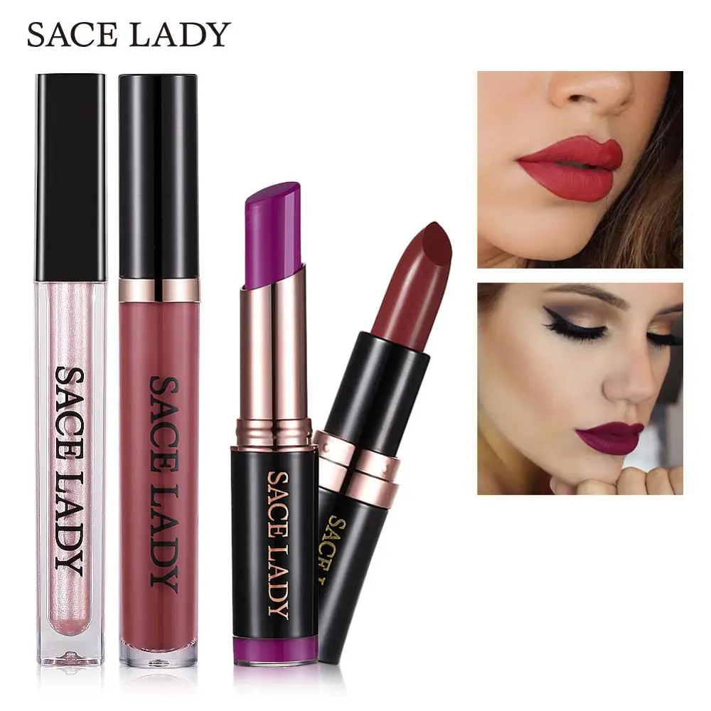 SACE LADY 16 Colors Set Matte Lipstick Waterproof Metallic Lip Gloss ...