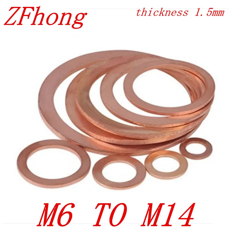free shipping 50pcs Copper Washers Thickness 1.5mm M6 M7 M8 M9 M10 M12 ...