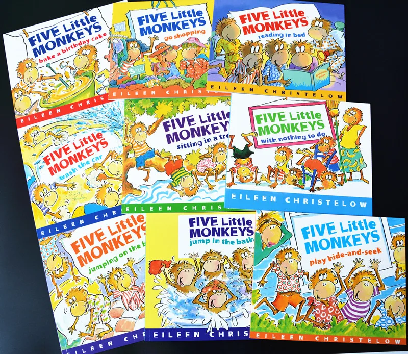 9 Books/set Five Little Monkeys English Picture Storybook Funny Word ...