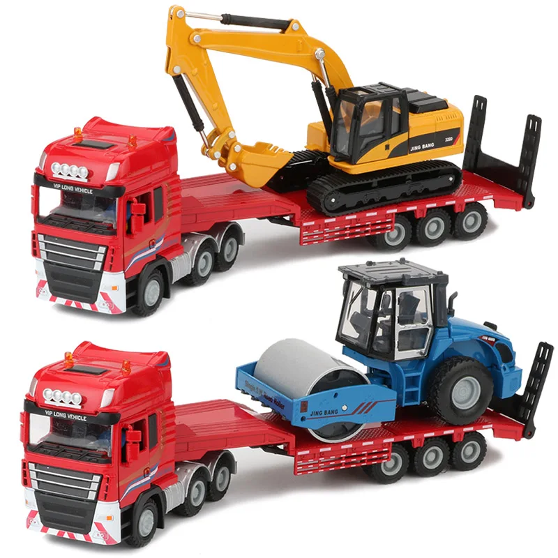 JINGBANG 1:50 Flatbed Trailer Trucks Toy Alloy Trailer Roller Excavator ...