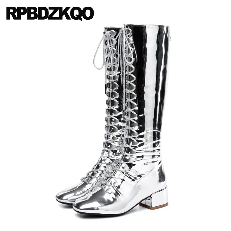 shoes silver patent leather riding knee high metallic 11 square toe 13 ...
