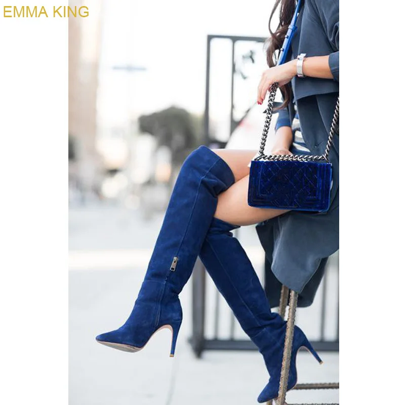 EMMA KING Sexy Color azul punta mujer invierno botas cómodas rebaño ...