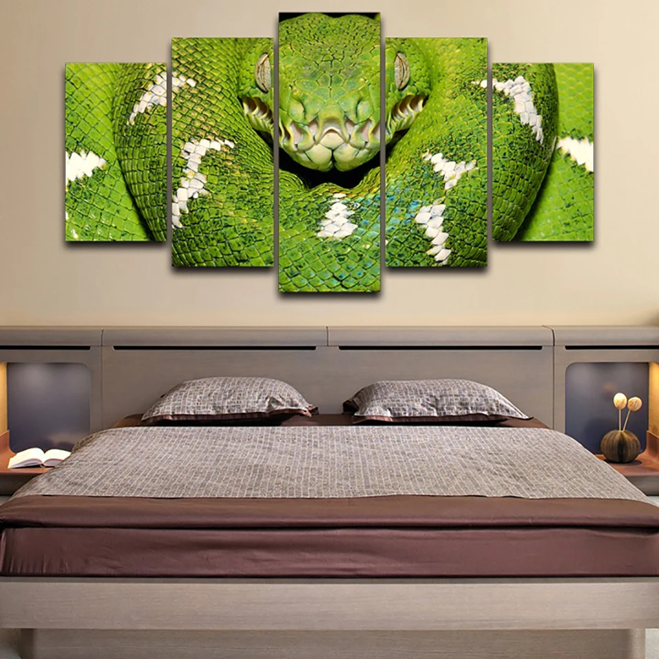 Modern Canvas Living Room Pictures Home Decor 5 Panel Green Snake ...