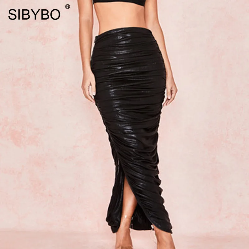Sibybo Side Split High Waist Sexy Women Skirt Fashion Empire Pleated