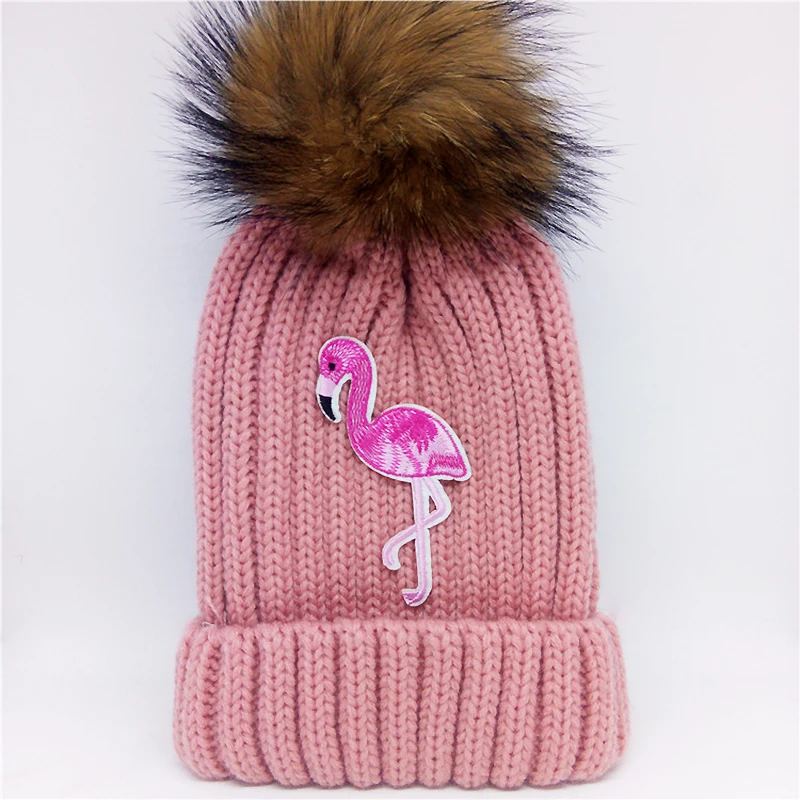 Women Winter Hat with Embroided Pink Flamingo Woolen Yarn Knitted ...