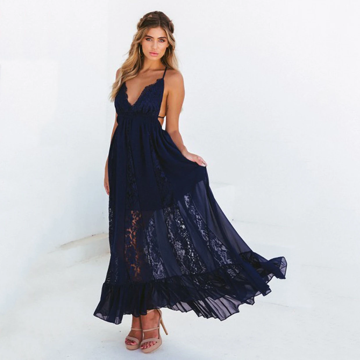 Womens Summer Boho Beach Lace Long Maxi Dress Elegant Evening Party ...