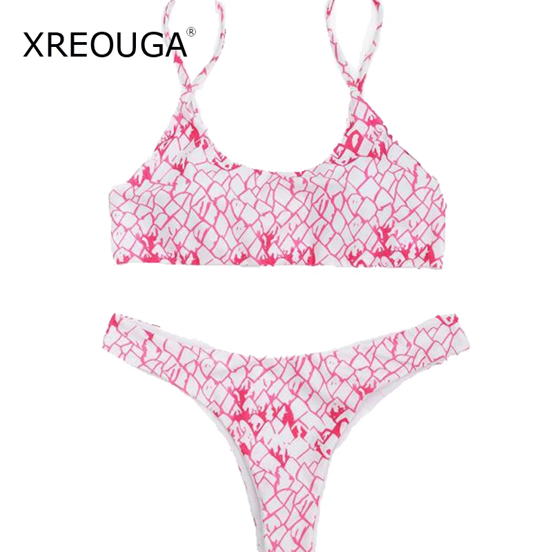 Xreouga Sweet Pink Scale Texture Bikinis Halter Swimsuit Strapless Low