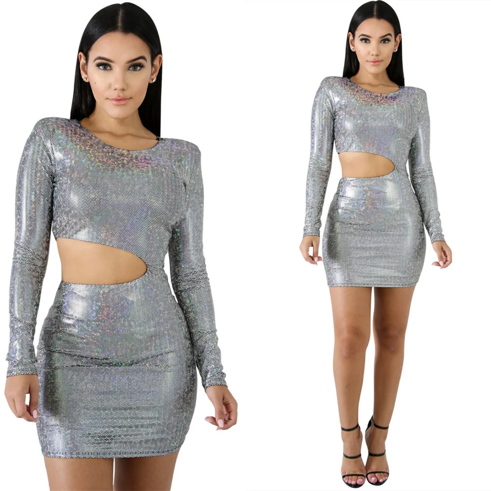 Sexy Bling Bling Women Round Neck Waist Cut Sexy Sheath Women Short ...