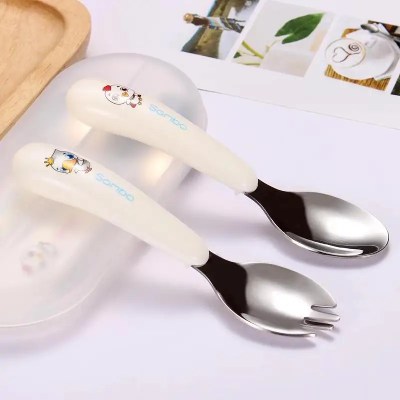 2 개대 아기 요리 스테인레스 스틸 아기 숟가락 포크 휴대용 상자 세트 만화 아기 먹이 음식 훈련 식기 어린이 숟가락가정용