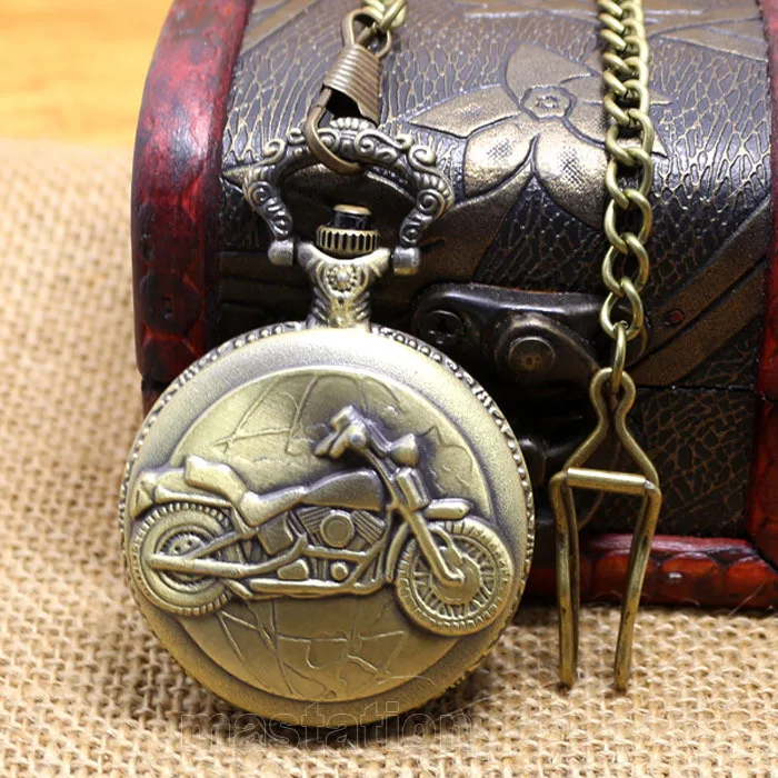 Bronze Motorcycle Motorbike Moto Hour Long Chain Pocket Watch Necklace ...