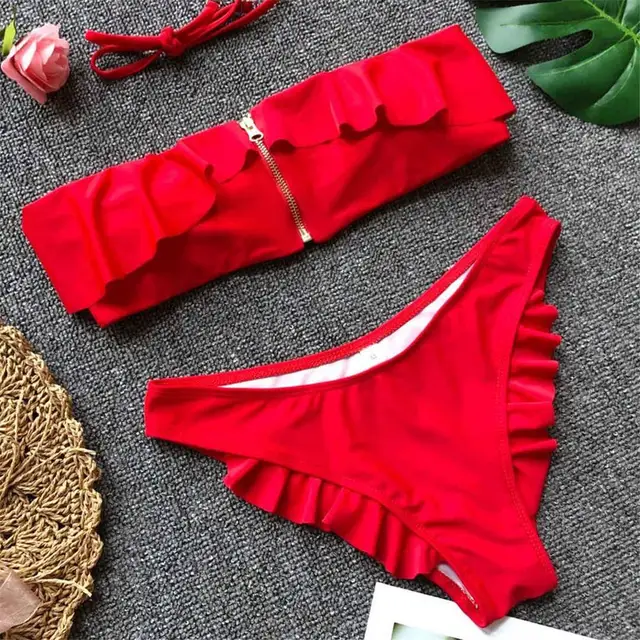 2018 New Sexy Bandeau Red Black Ruffle Trim zipper bikini two pieces ...