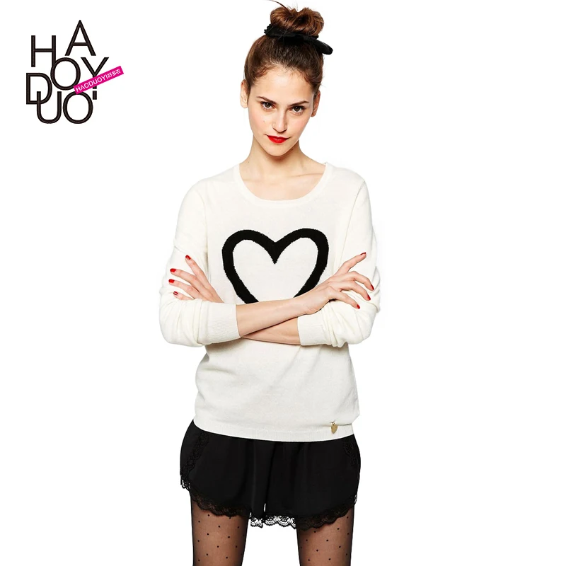 Soft fine wool collar long sleeved heart shaped pattern jacquard ...