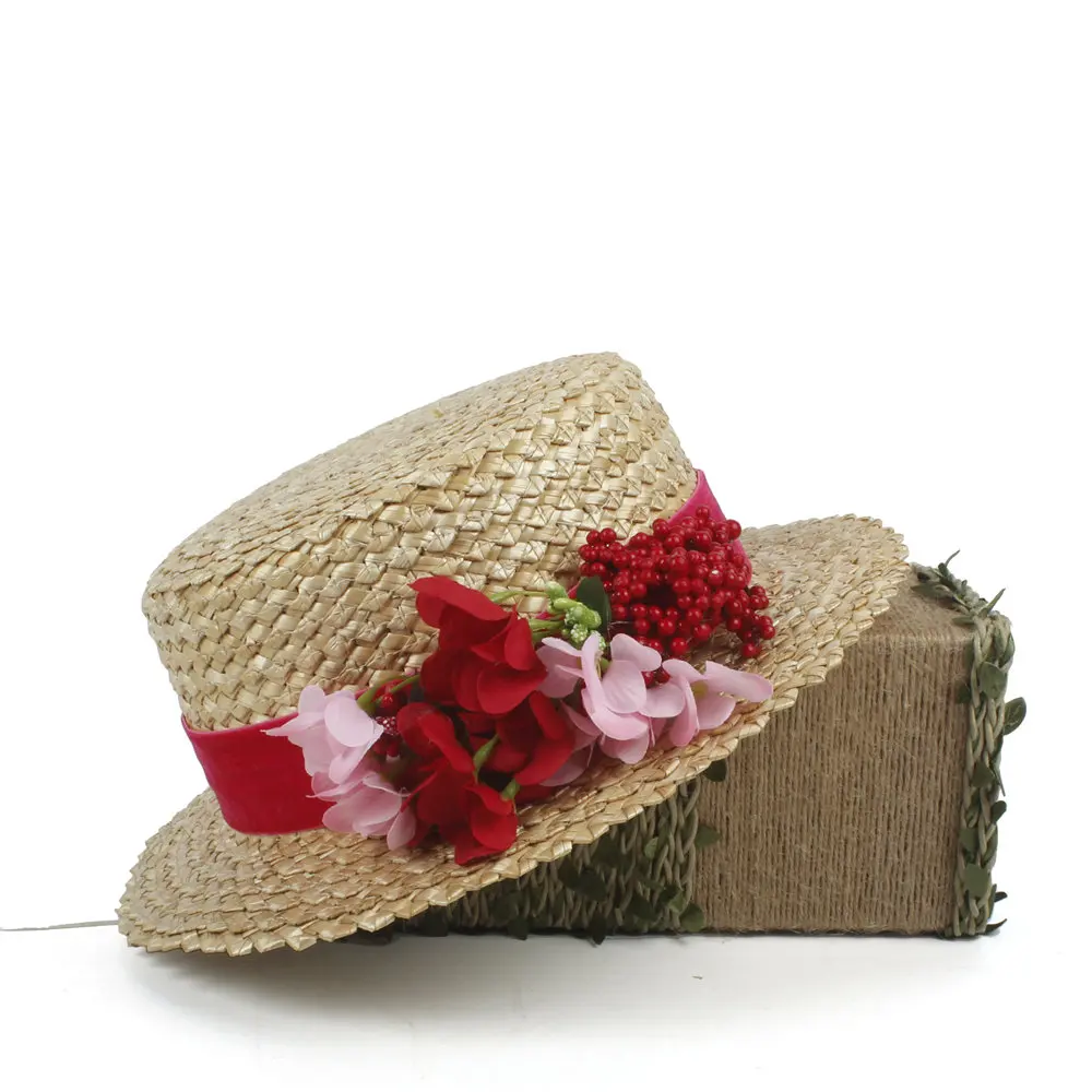 Women Summer Wheat Straw Boater Hat Lady Beach Wide Brim Flat Sun Hat