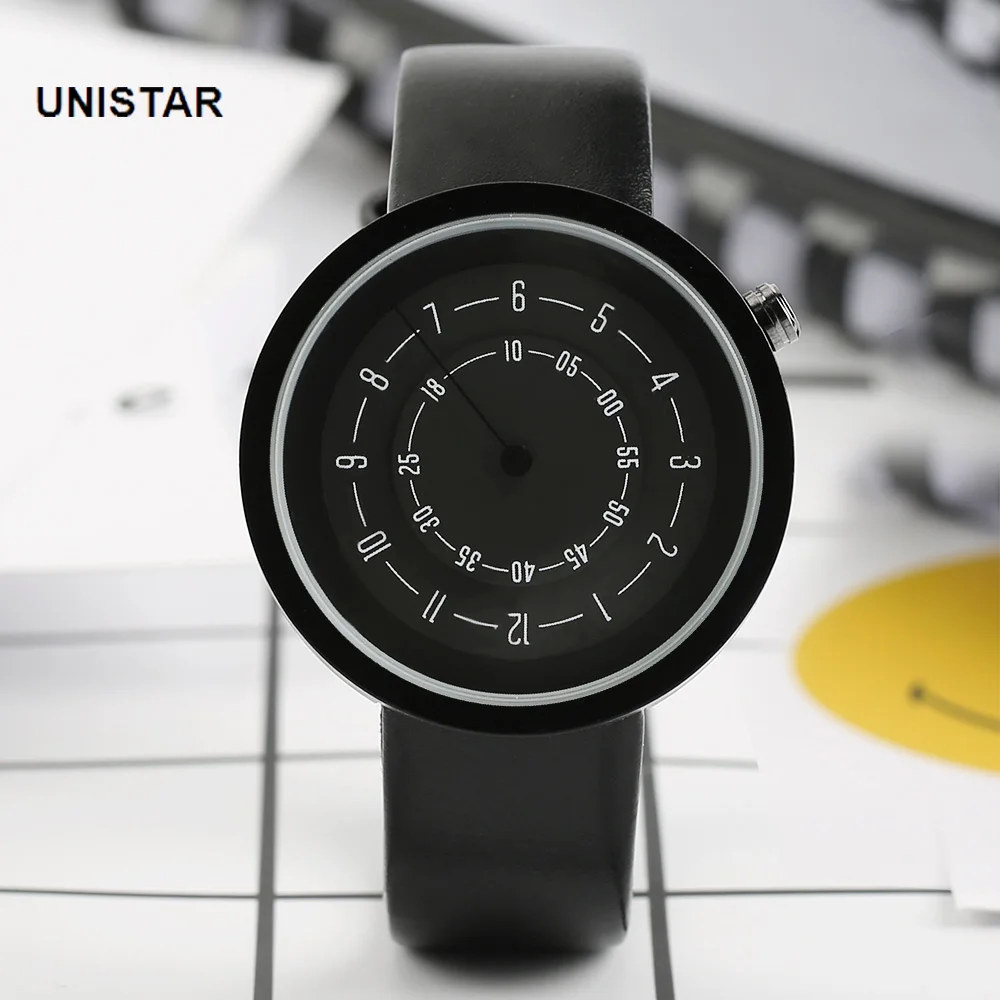 Unistarチャーミング黒カジュアルクォーツ腕時計でユニークなダブルダイヤル本革バンドクールギフト用男性女性でボックス|watch with ...