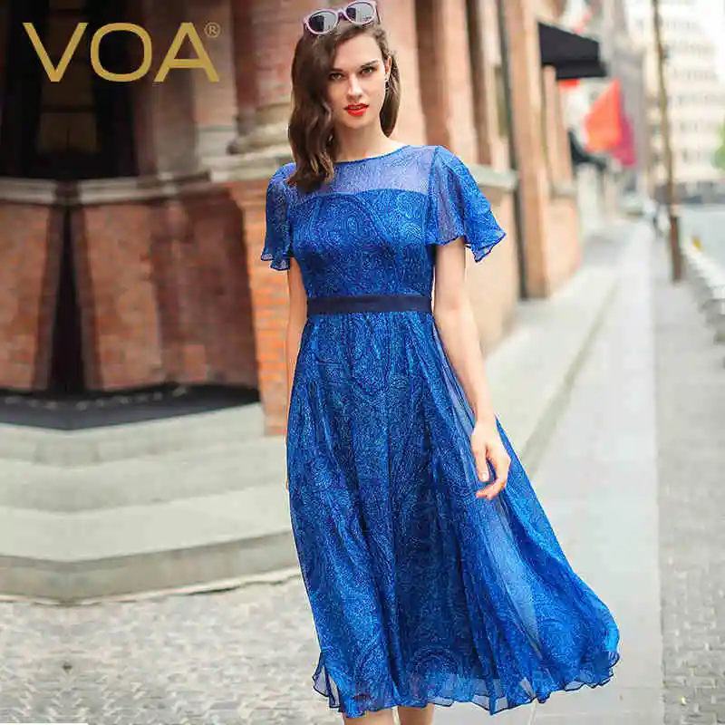 VOA 2017 Summer Blue Silk Dresses Women Elegant Slim High Waist Plus ...
