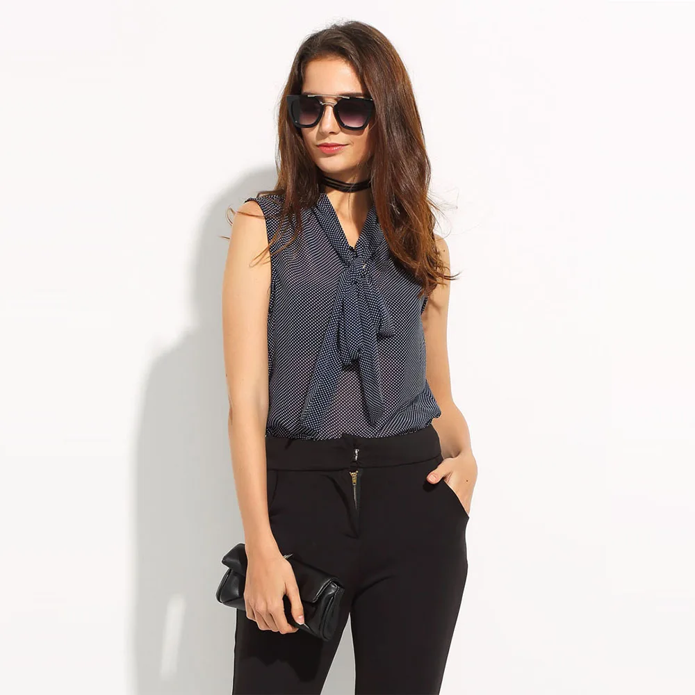 MY MAYAASOS Blue Dots Sleeveless Chiffon Shirt Blouses Slim See Through ...