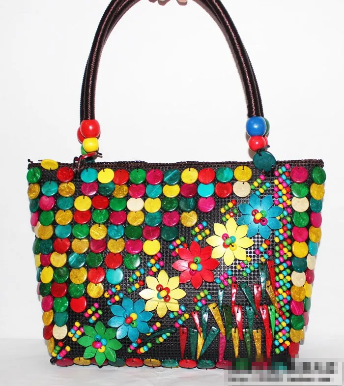 Natural Coconut Shell Handmade Bag Beaded Coconut Shell Multicolour ...