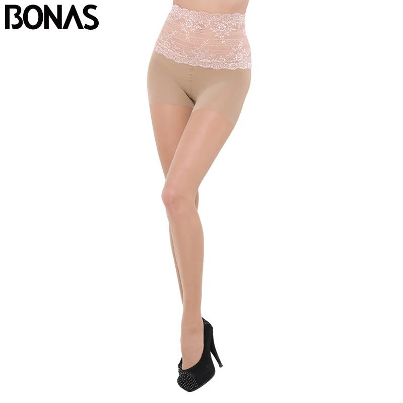 Bonas Black Lace Nylon Pantyhose Women Hosiery Seamless Design Fashion