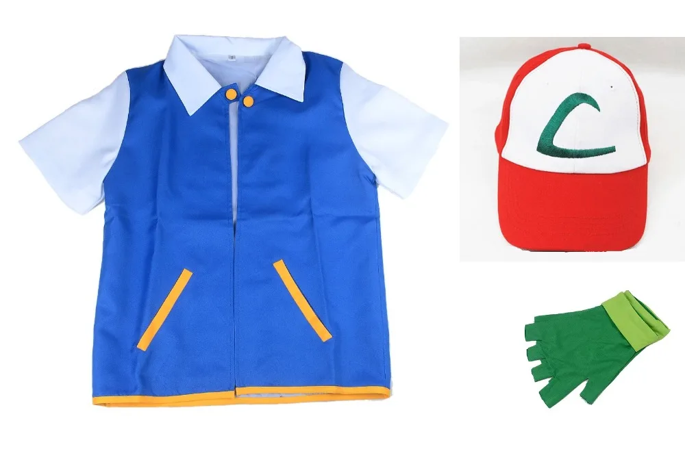High Quality Pokemon Ash Ketchum Cosplay Costume Blue Jacket Gloves Hat Ash Ketchum Costumes