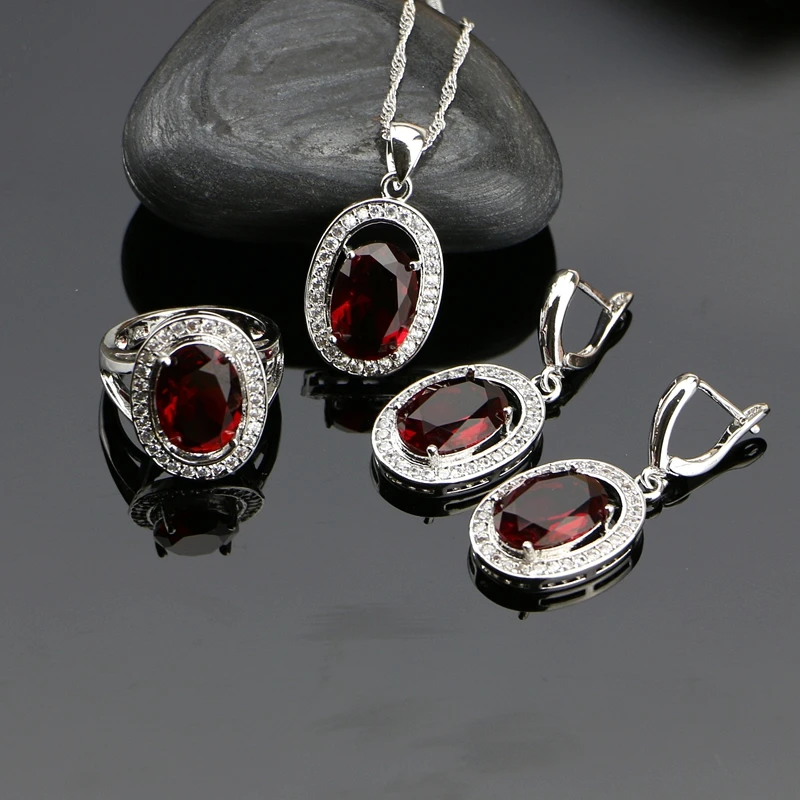 Oval Red Cubic Zirconia Jewelery Sterling Silver 925 Jewelry Sets For ...