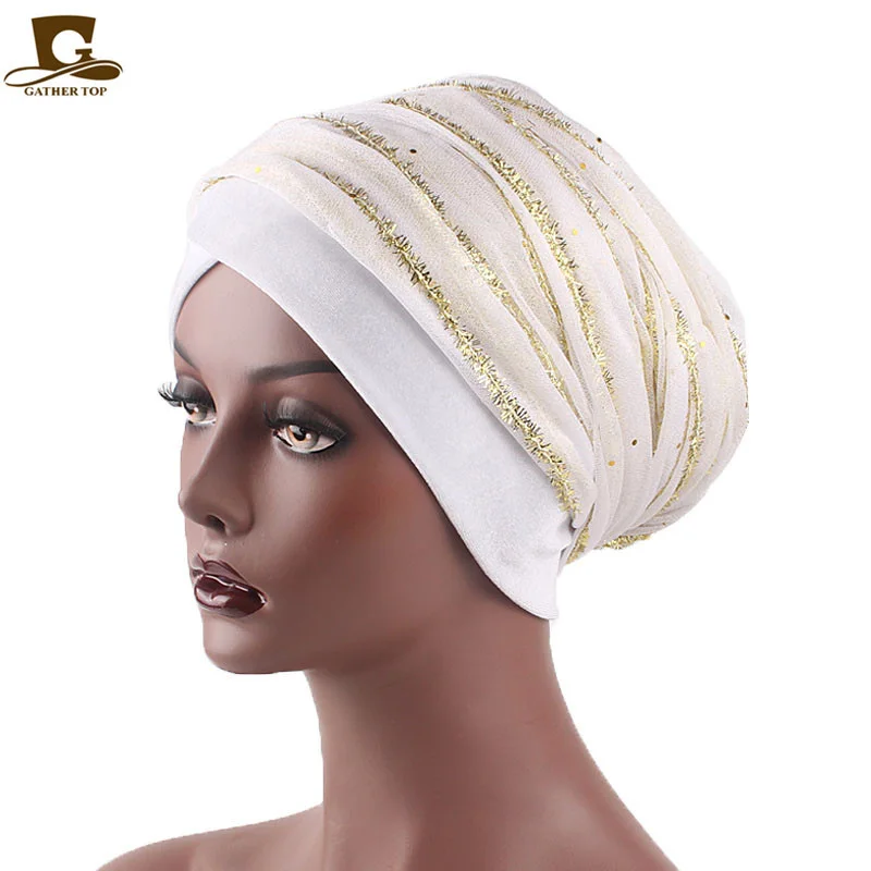 New Luxury Gold Sequined Mesh Head wrap Velvet Nigerian Turban Women ...